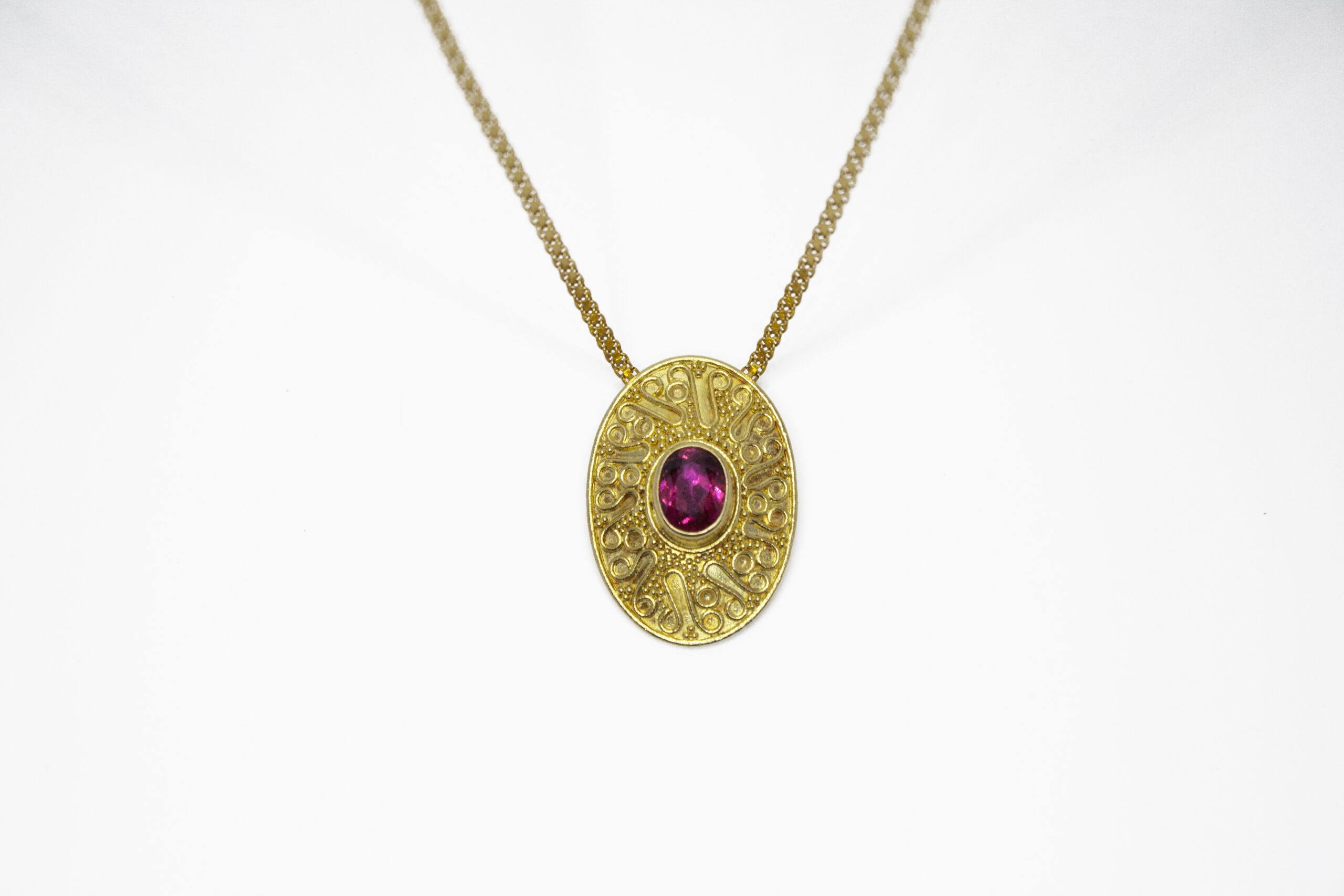 22k Gold Granulation Oval Pendant with Rubellite Tourmaline • Lin Bader ...