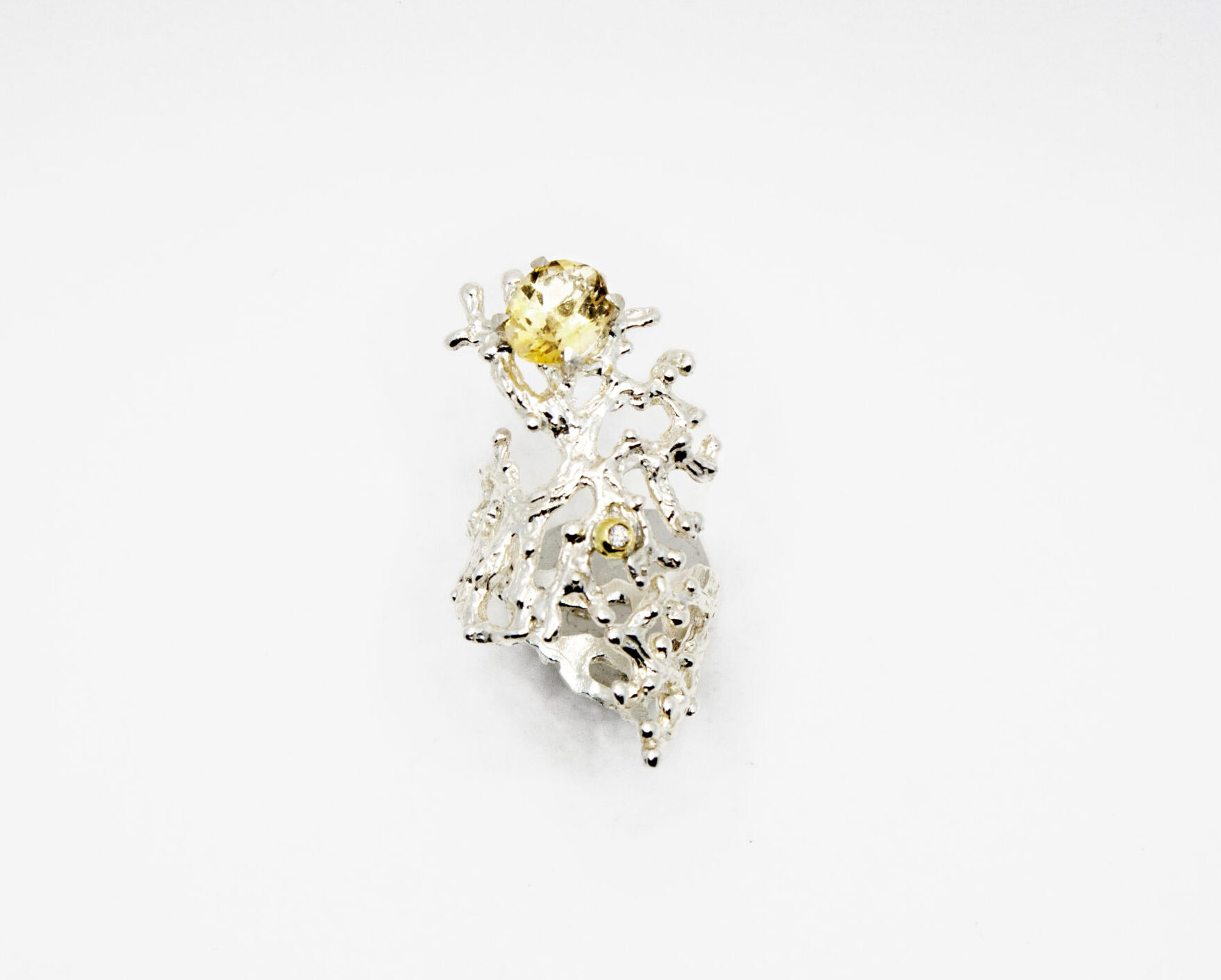Solid Silver Sculpture Ring with Oval Golden Citrine and Diamond • Lin ...